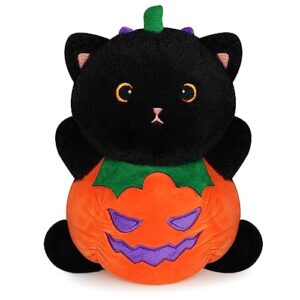 kophinye black cat plush halloween pulsh, 8 inch cute pumpkin pillow halloween stuffed animals, kawaii black cat plush pillow, halloween decoration soft cat plush toys for kids