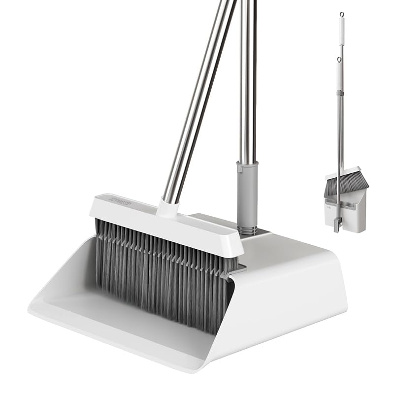 JOYMOOP Broom and Dustpan Set, Upright Standing Brooms for Sweeping Indoor, Light Weight Stainless Steel can be Hung on The Wall, Suitable for Pet Hair, Carpet, Floor