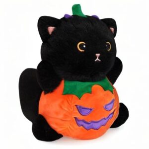 KOPHINYE Black Cat Plush Halloween Pulsh, 8 inch Cute Pumpkin Pillow Halloween Stuffed Animals, Kawaii Black Cat Plush Pillow, Halloween Decoration Soft Cat Plush Toys for Kids