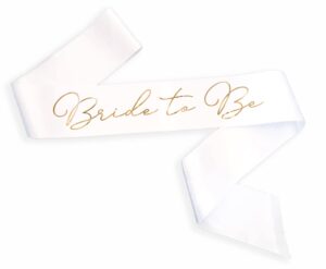 modparty bride to be sash| bachelorette party sash | white + gold sash for bride | bridal shower white satin sash | includes diamond pin + gift box | bachelorette decorations