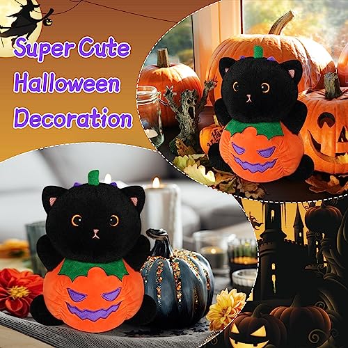 KOPHINYE Black Cat Plush Halloween Pulsh, 8 inch Cute Pumpkin Pillow Halloween Stuffed Animals, Kawaii Black Cat Plush Pillow, Halloween Decoration Soft Cat Plush Toys for Kids