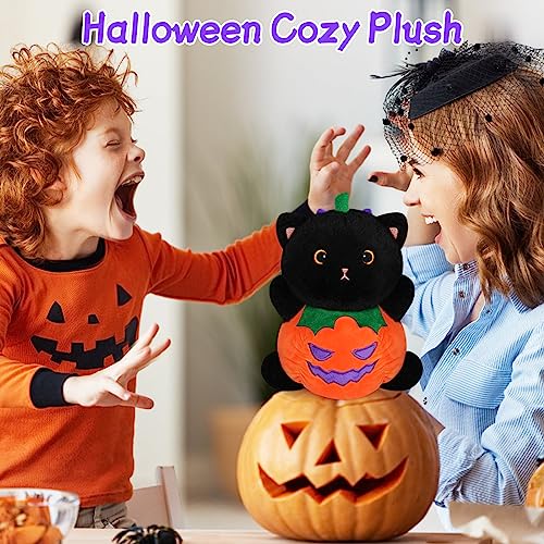 KOPHINYE Black Cat Plush Halloween Pulsh, 8 inch Cute Pumpkin Pillow Halloween Stuffed Animals, Kawaii Black Cat Plush Pillow, Halloween Decoration Soft Cat Plush Toys for Kids