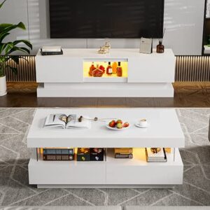 IKIFLY Modern High Glossy Coffee Table, White Coffee Table with 2 Storage Drawers and Acrylic Design Open Space, Rectangle Coffee Table with 16 Colors LED Lights for Living Room