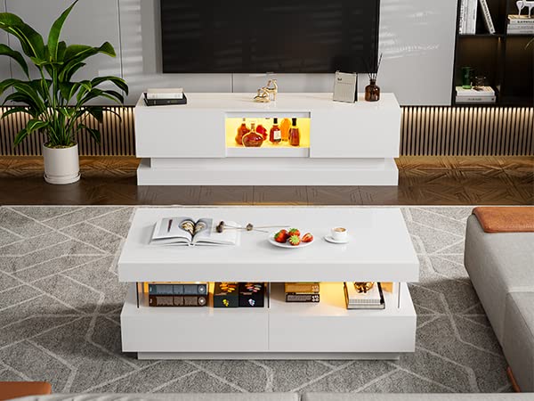 IKIFLY Modern High Glossy Coffee Table, White Coffee Table with 2 Storage Drawers and Acrylic Design Open Space, Rectangle Coffee Table with 16 Colors LED Lights for Living Room