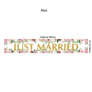 LOONELO Just Married Wedding Backdrop Wedding Banner with 118 X 19.7 inch, Floral Bridal Shower Backdrop Banner Sign for Bridal Shower Wedding Engagement Party Decorations Photography Background