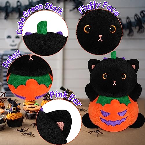 KOPHINYE Black Cat Plush Halloween Pulsh, 8 inch Cute Pumpkin Pillow Halloween Stuffed Animals, Kawaii Black Cat Plush Pillow, Halloween Decoration Soft Cat Plush Toys for Kids