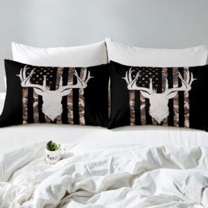 Erosebridal American Flag Bedding Set Full, Hunting Deer Theme Duvet Cover for Kids Boys Youth Adults, Geometric Camo Stripes Comforter Cover Bedroom Decor with 2 Pillowcases, Zipper Closure