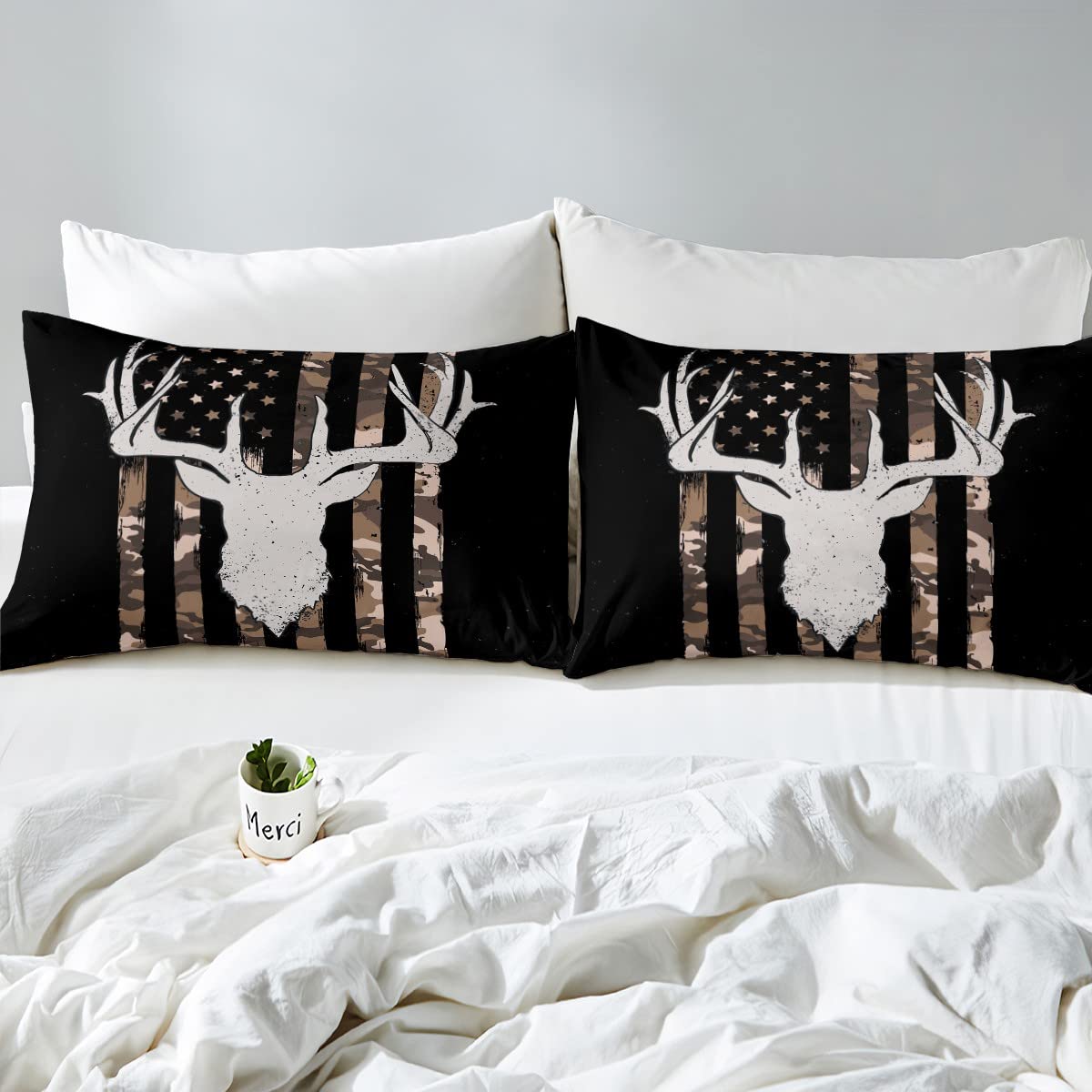 Erosebridal American Flag Bedding Set Full, Hunting Deer Theme Duvet Cover for Kids Boys Youth Adults, Geometric Camo Stripes Comforter Cover Bedroom Decor with 2 Pillowcases, Zipper Closure