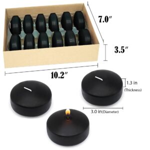 10 Hour Black Floating Candles Large 3 inch Unscented Dripless Water Wax Halloween Candles for Vases, Centerpieces at Wedding, Party, Pool, Holidays, Set of 12