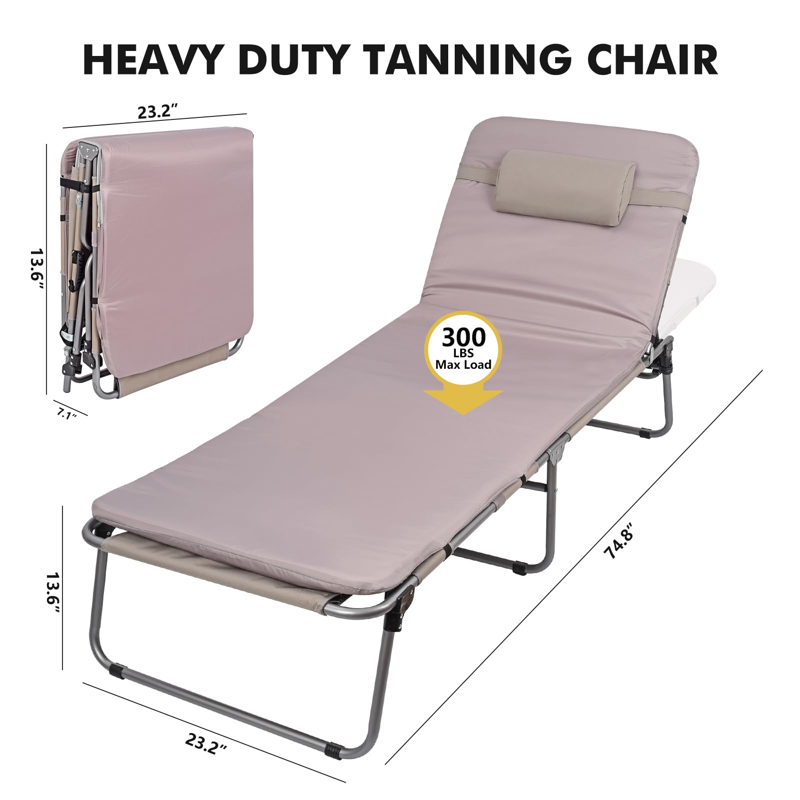 3 In 1 Women Comfy Tanning Chair with Mattress Face Hole, Heavy Duty Folding Chaise Lounge Chair with Pad Cushion 5 Position for Outside Sunbathing Reading Patio Beach Poolside Lawn Camping, 300 LBS