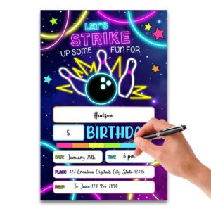 FujLoy Bowling Birthday Invitation, Bowling Birthday party Invitation Cards, Rainbow Neon Glow Bowling Invite.（052）