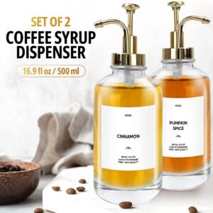 Vigel Coffee Syrup Dispenser Set - Glass Coffee Syrup Bottles with Pump, Silicone Funnel, Preprinted & Blank Labels - Versatile Syrup Dispenser for Coffee - Holiday Gift - Coffee Accessories for Home