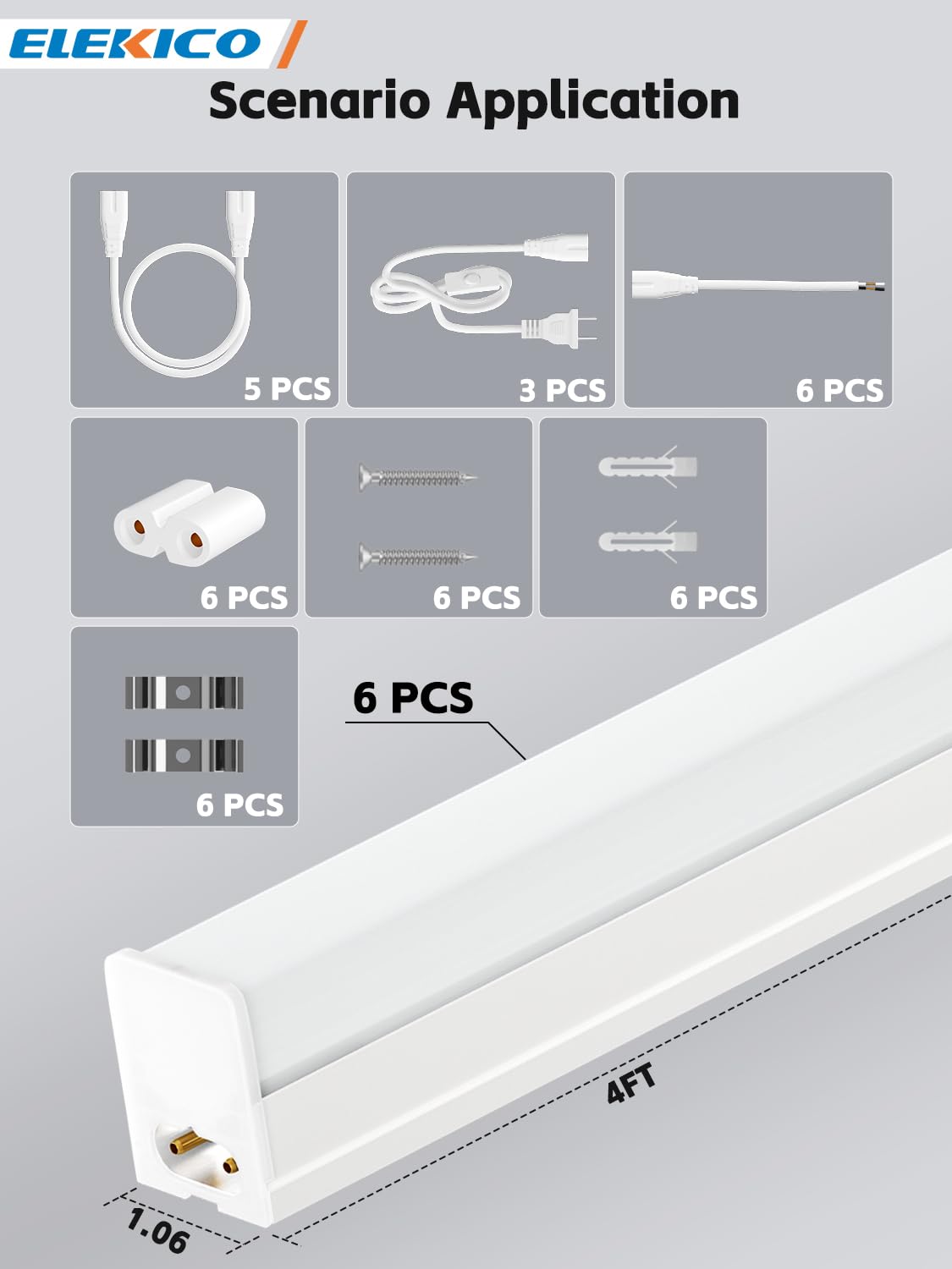 ELEKICO 4FT Led Shop Light, 22w 2500lm 6500k Linkable 4 ft Led Lights with Plug On/Off Power Cord, T5 Garage Lighting Fixture,4 Foot Ceiling and Under Cabinet Light for Garage Workshop 6 Pack