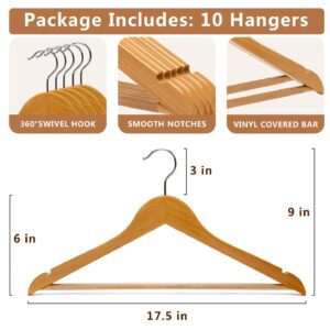 Wooden Hangers 10 Pack, Non-Slip Wood Hangers with 360° Swivel Hook & Notches, Solid & Slim Coat Hangers for Shirt, Suit, Jacket, Dress, Natural-HL01N