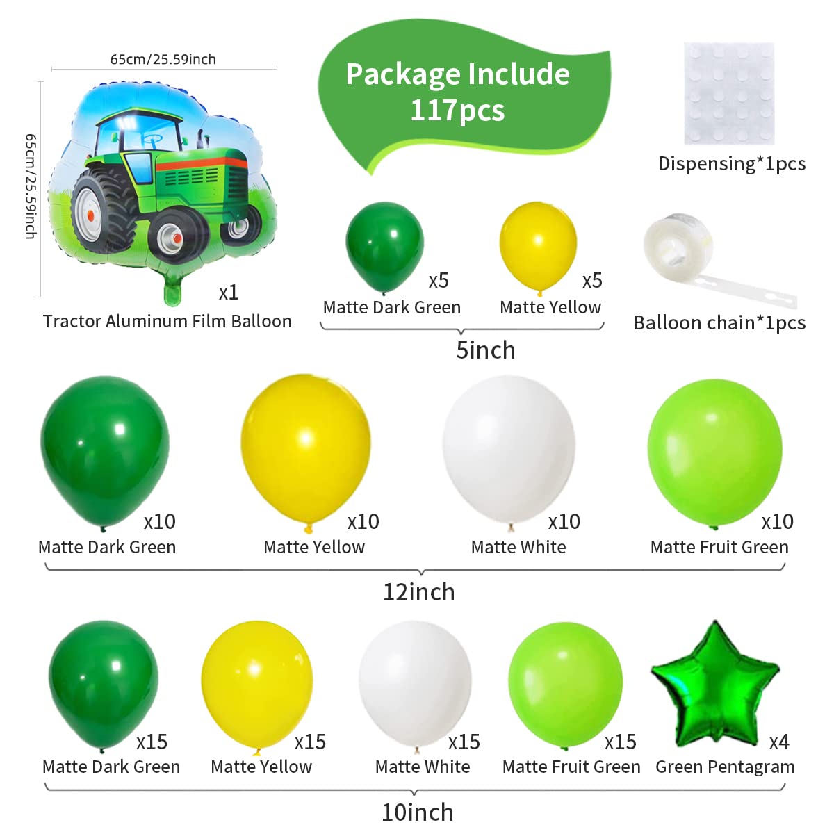 Dark Green Yellow White Balloon Garland Kit - 117PCS Lime Green Yellow White Balloons Tractor Birthday Party for Golf Farmyard Tractor Birthday Graduation Back To School Festival Party Decorations