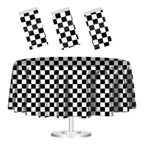 3 pack black and white round checkered tablecloth 84 ×84 checkered table cover disposable tablecloth for round tables race car theme party birthday picnic camping checkered round plastic table cloth