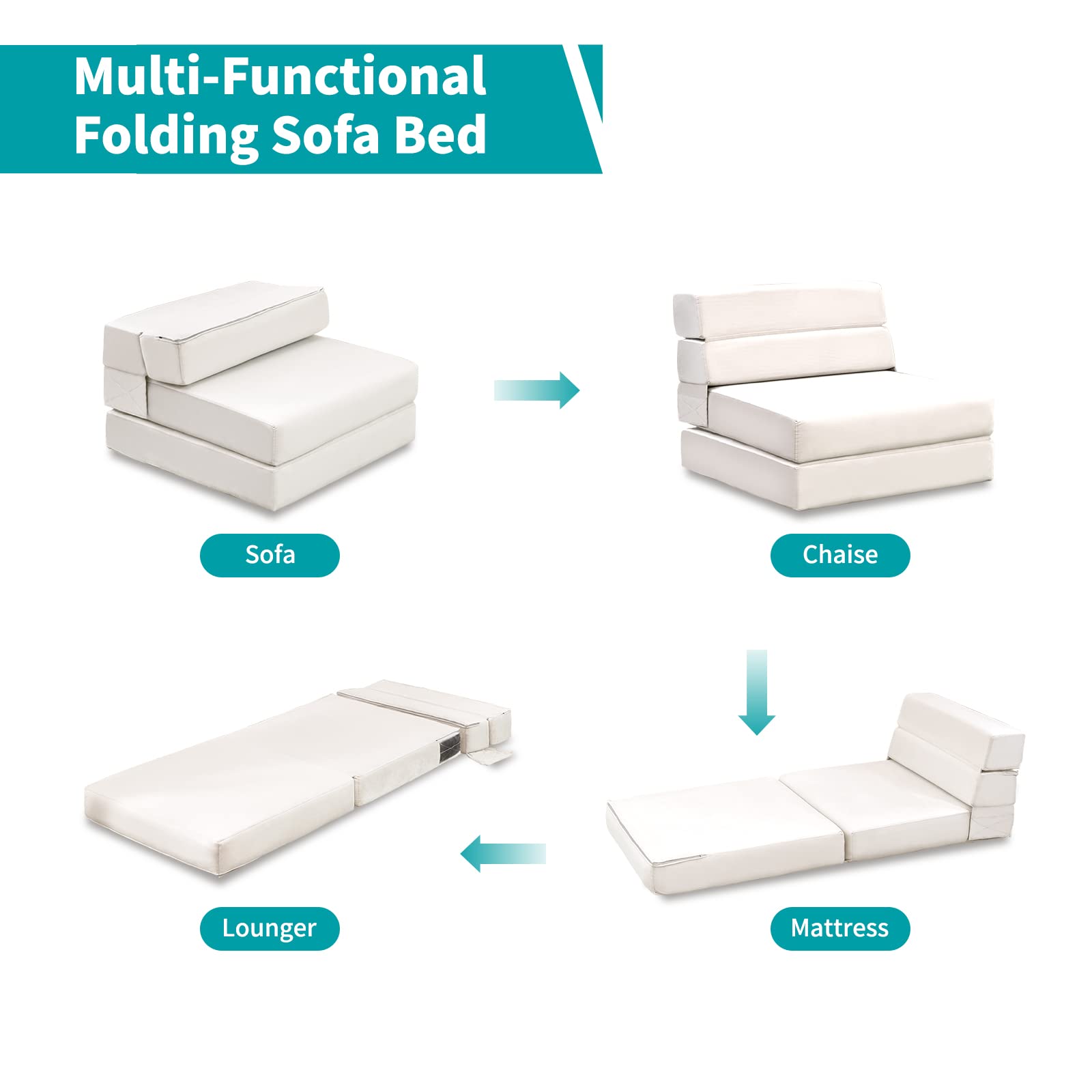 BALUS Triple Fold Down Sofa Bed,Single Size Sleeper Sofa 2 In1 Tri-Fold Floor Couch for Living Room, Foam Foldable Mattress Convertible Upholstered Chaise Lounge, Folding Futon Guest Bed