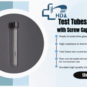 HDA Glass Test Tubes 13x100mm Soda Lime Glass, with Screw Cap, Round Bottom, 100 Pieces