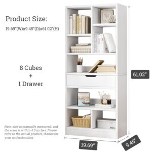 IOTXY Wooden Open Shelf Bookcase - 61" Height Free Standing Display Storage Cabinet Organizer with 8 Cubes and a Drawer, Floorstanding Bookshelf, Warm White