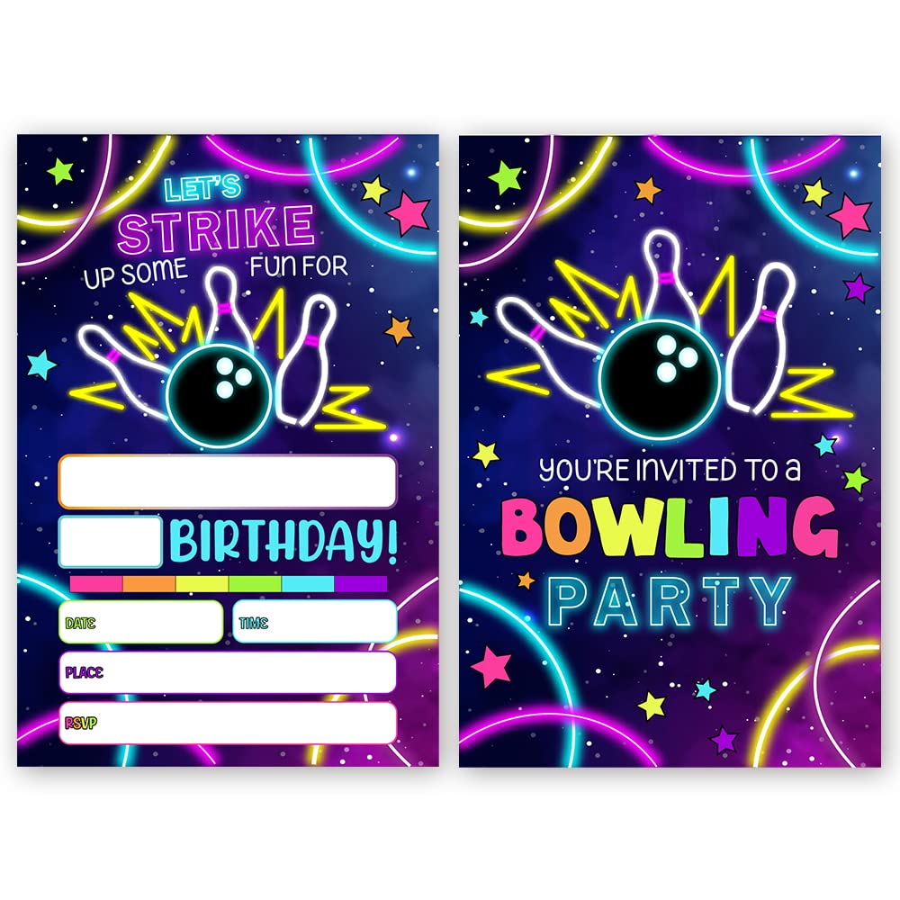 FujLoy Bowling Birthday Invitation, Bowling Birthday party Invitation Cards, Rainbow Neon Glow Bowling Invite.（052）