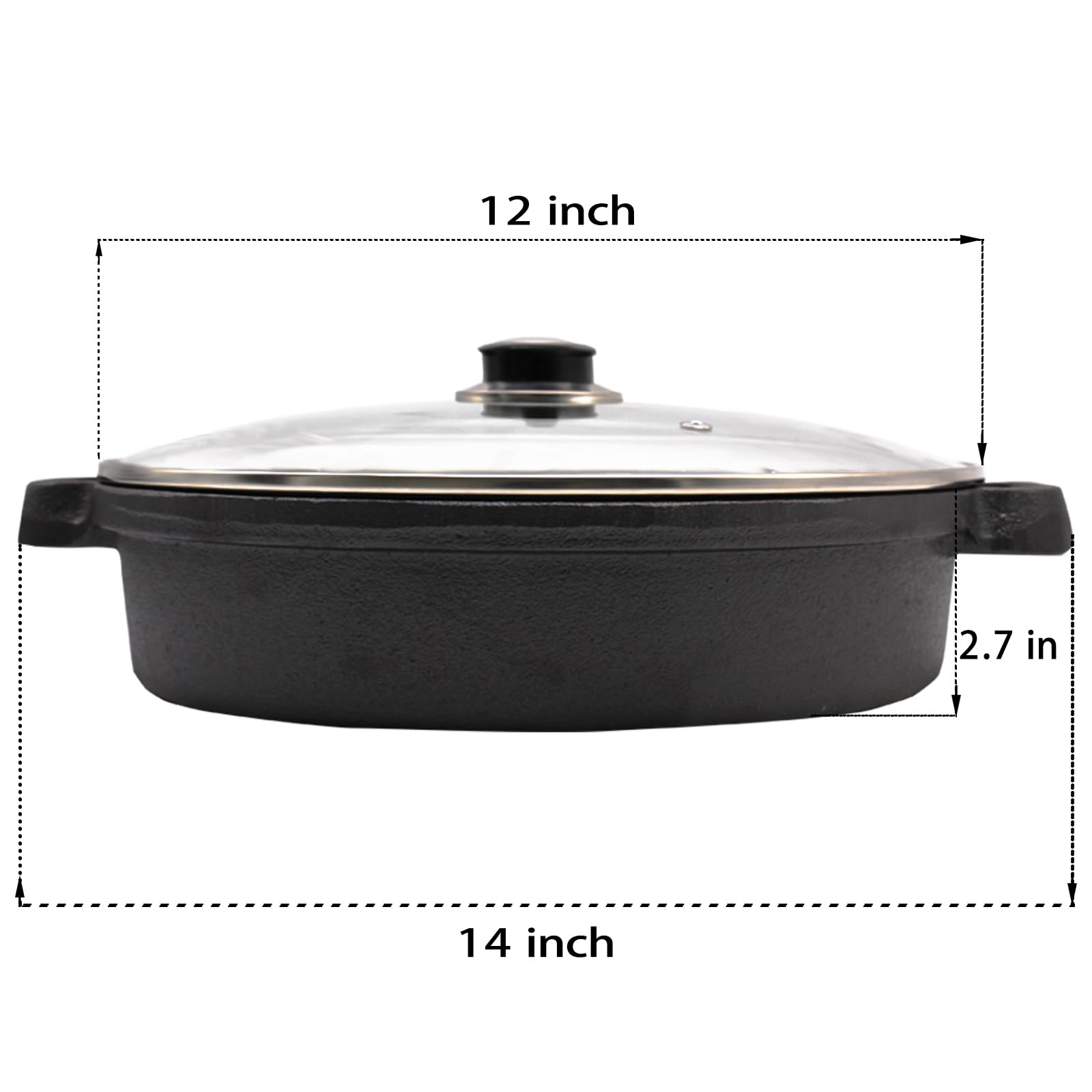 Opexscal Cast Iron Skillet with Tempered Glass Lid, 12-Inch Double Handled Cast Iron Deep Frying Pan with Lid for Kitchen and Camp