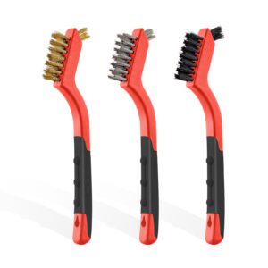 maxman wire brush set 3-pack, small wire brushes for cleaning, rust remover, dirt cleaner, metal brush, paint scrubbing, 7" deep clean detailing tools, brass/stainless steel/nylon bristles, red.