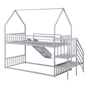 Harper & Bright Designs Twin Over Twin Metal Bunk Bed with Slide and Stairs, Low Bunk House Bed for Kids, Floor Bunk Bed, Modern Style Heavy-Duty Steel Frame (Silver)