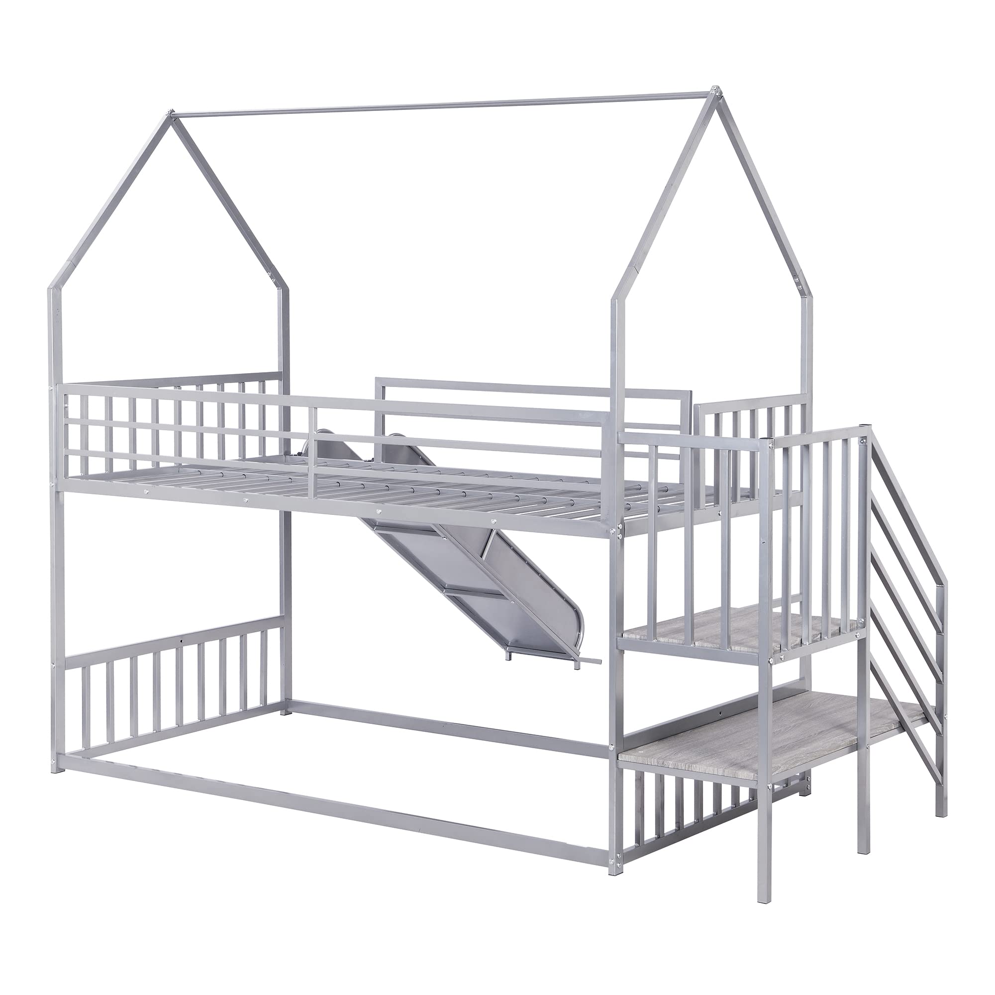 Harper & Bright Designs Twin Over Twin Metal Bunk Bed with Slide and Stairs, Low Bunk House Bed for Kids, Floor Bunk Bed, Modern Style Heavy-Duty Steel Frame (Silver)