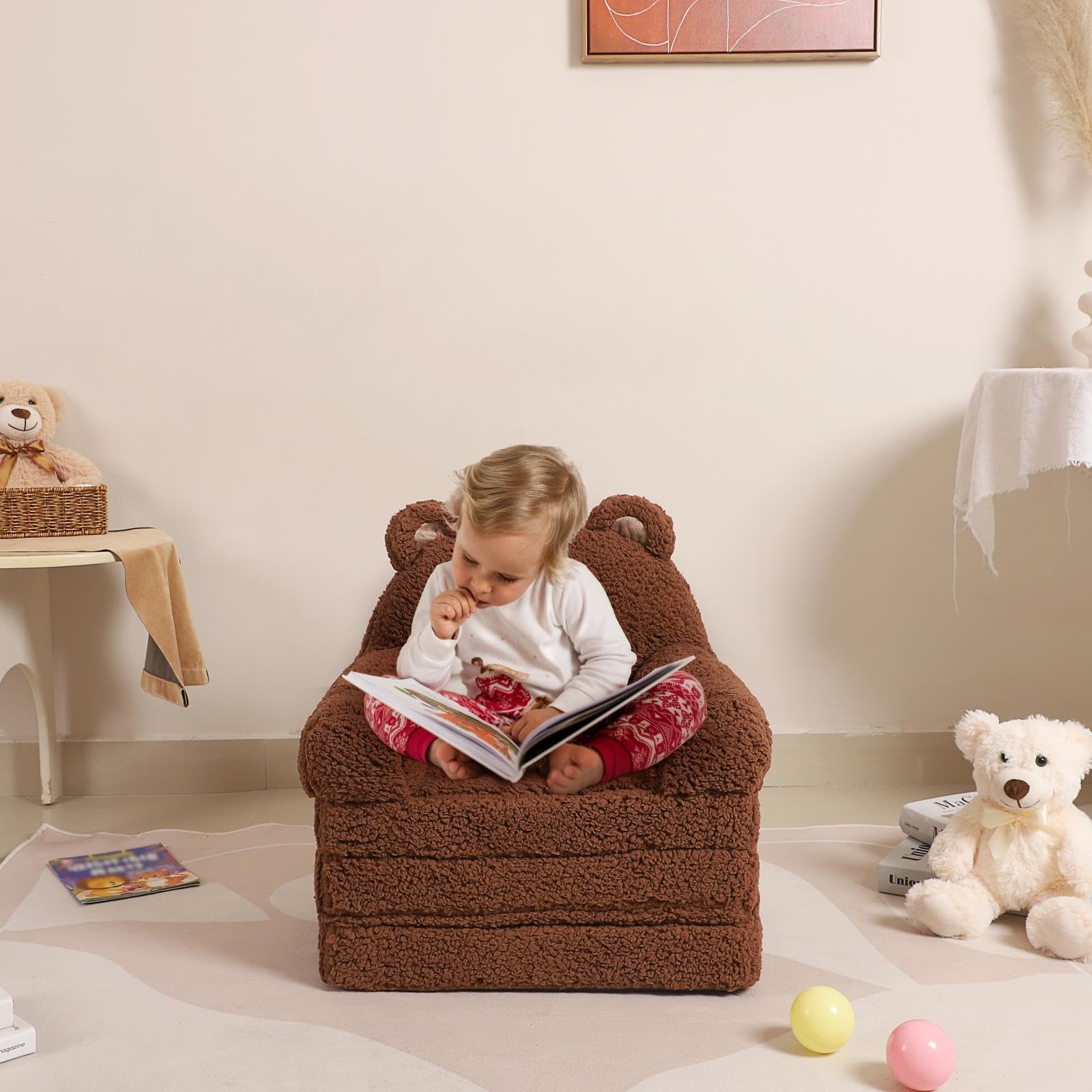 MOMCAYWEX Foldable Kids Sofa, Sherpa Teddy Bear Toddler Couch with Tri Folding Foam Cushions, Comfy Kids Couch for Kids Age 18 Months and Up