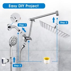 PDP Bath 10" Rainfall Shower Head with Handheld Spray, Dual Rain Showerhead with High Pressure 10-Setting Wand Combo, 16" Adjustable Extension Arm Build-in 3-way Diverter, 6ft Hose - Chrome