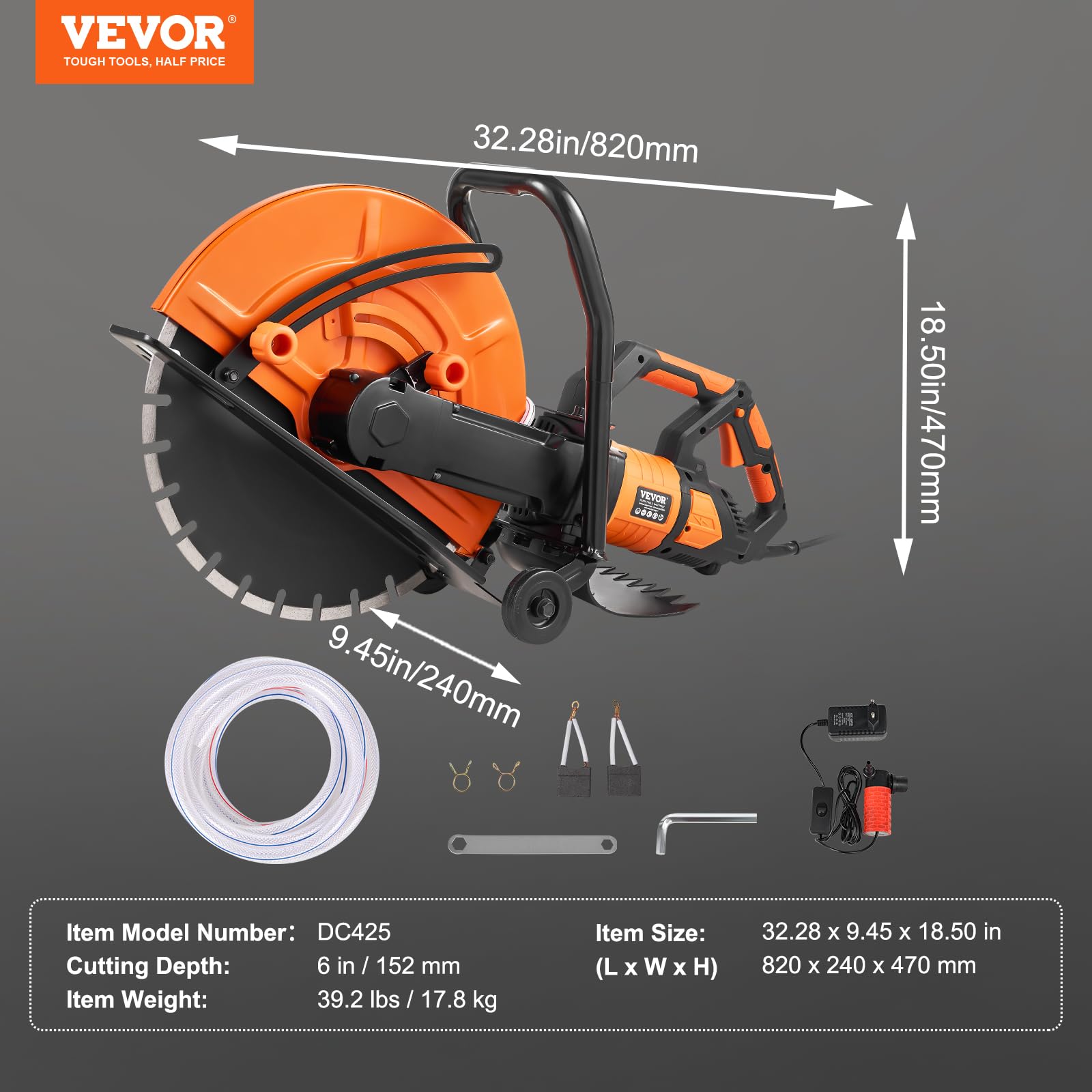 VEVOR Electric Concrete Saw, 16 in, 3200 W 15 A Motor Circular Saw Cutter with Max. 6 in Adjustable Cutting Depth, Wet Disk Saw Cutter Includes Water Line, Pump and Blade, for Stone, Brick