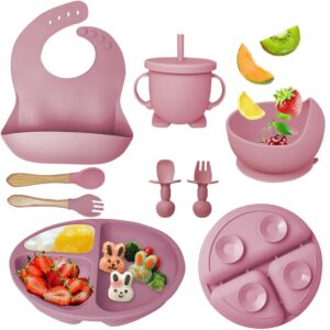 mrkyy baby feeding set 8 piece | baby led weaning utensils set includes suction bowl and plate, baby spoon and fork, sippy cup with straw and lid | baby feeding supplies - dark pink