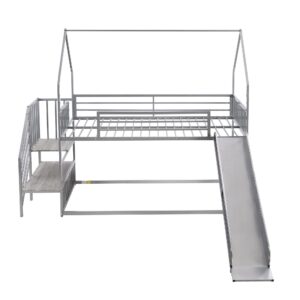 Harper & Bright Designs Twin Over Twin Metal Bunk Bed with Slide and Stairs, Low Bunk House Bed for Kids, Floor Bunk Bed, Modern Style Heavy-Duty Steel Frame (Silver)