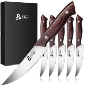 ddf iohef steak knives set of 6, non-serrated steak knife 4.5 inch high carbon japanese stainless steel kitchen steak knife 6 pieces dinner knives ultra sharp with ergonomic handle and gift box