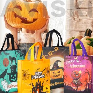 Aviski 8PCS Halloween Trick or Treat Bags, Halloween Tote Bags with Handles, Large Gift Bags, Multifunctional Non-Woven Halloween Bags for Gifts Wrapping, Halloween Party Supplies, 15×11.8×3.9“