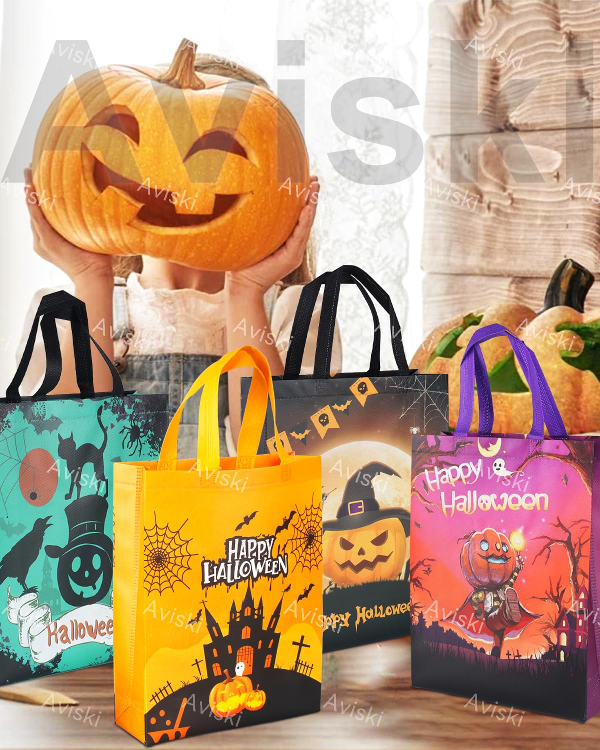 Aviski 8PCS Halloween Trick or Treat Bags, Halloween Tote Bags with Handles, Large Gift Bags, Multifunctional Non-Woven Halloween Bags for Gifts Wrapping, Halloween Party Supplies, 15×11.8×3.9“