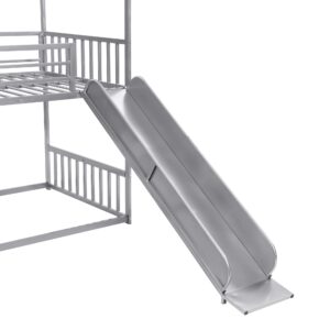 Harper & Bright Designs Twin Over Twin Metal Bunk Bed with Slide and Stairs, Low Bunk House Bed for Kids, Floor Bunk Bed, Modern Style Heavy-Duty Steel Frame (Silver)