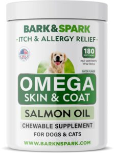 omega 3 for dogs and cats - 180 fish oil treats for dog shedding, skin allergy, itch relief, hot spots treatment - joint health - skin and coat supplement - epa & dha fatty acids - salmon oil - bacon