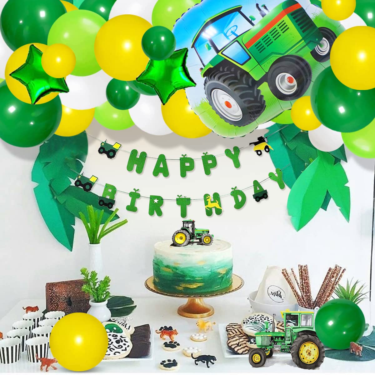 Dark Green Yellow White Balloon Garland Kit - 117PCS Lime Green Yellow White Balloons Tractor Birthday Party for Golf Farmyard Tractor Birthday Graduation Back To School Festival Party Decorations