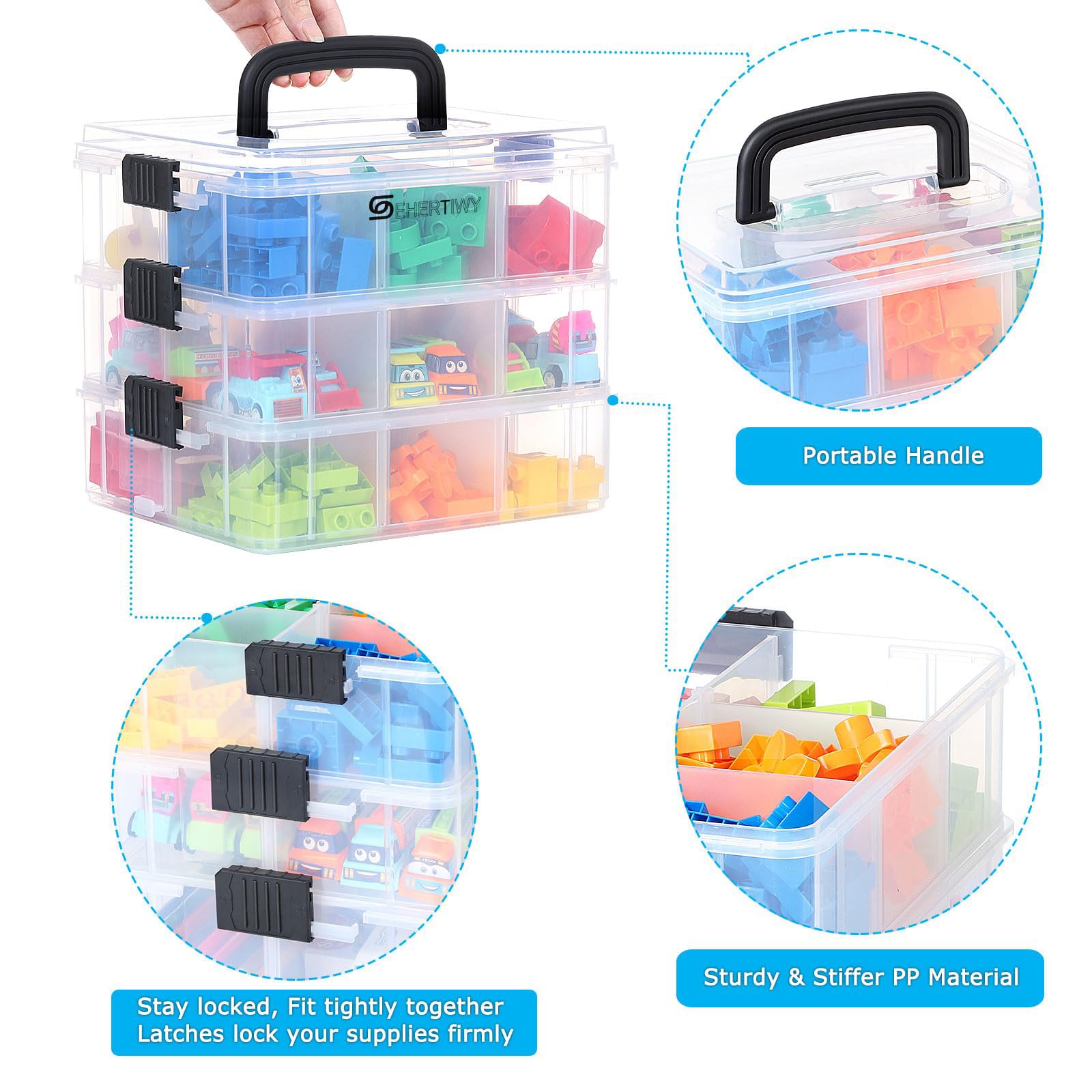 SEHERTIWY Plastic Organizer Box for Adult, 3-Tier Stackable Storage Container with 18 Adjustable Compartments, Lego Storage Box with Handle, Craft & Sewing Supplies Storage for Beads Jewelry, Clear