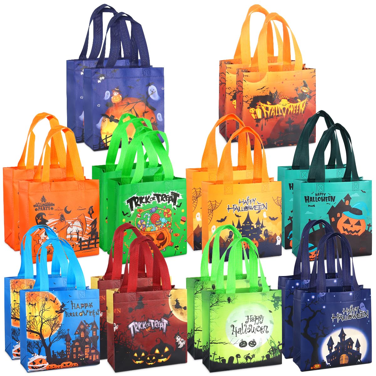 PARSUP 20PCS Halloween Trick or Treat Bags,Halloween Tote Bags with Handles, Gift Bags, Multifunctional Non-Woven Halloween Bags for Gifts Wrapping, Halloween Party Supplies, 7.9"×7.9"×3.15"