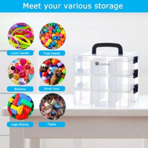 SEHERTIWY Plastic Organizer Box for Adult, 3-Tier Stackable Storage Container with 18 Adjustable Compartments, Lego Storage Box with Handle, Craft & Sewing Supplies Storage for Beads Jewelry, Clear