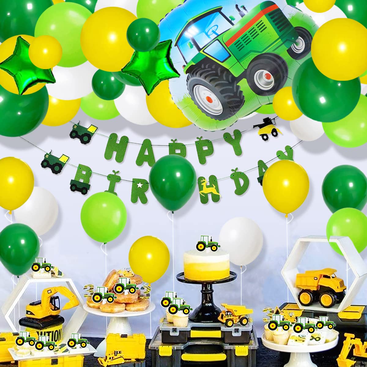 Dark Green Yellow White Balloon Garland Kit - 117PCS Lime Green Yellow White Balloons Tractor Birthday Party for Golf Farmyard Tractor Birthday Graduation Back To School Festival Party Decorations