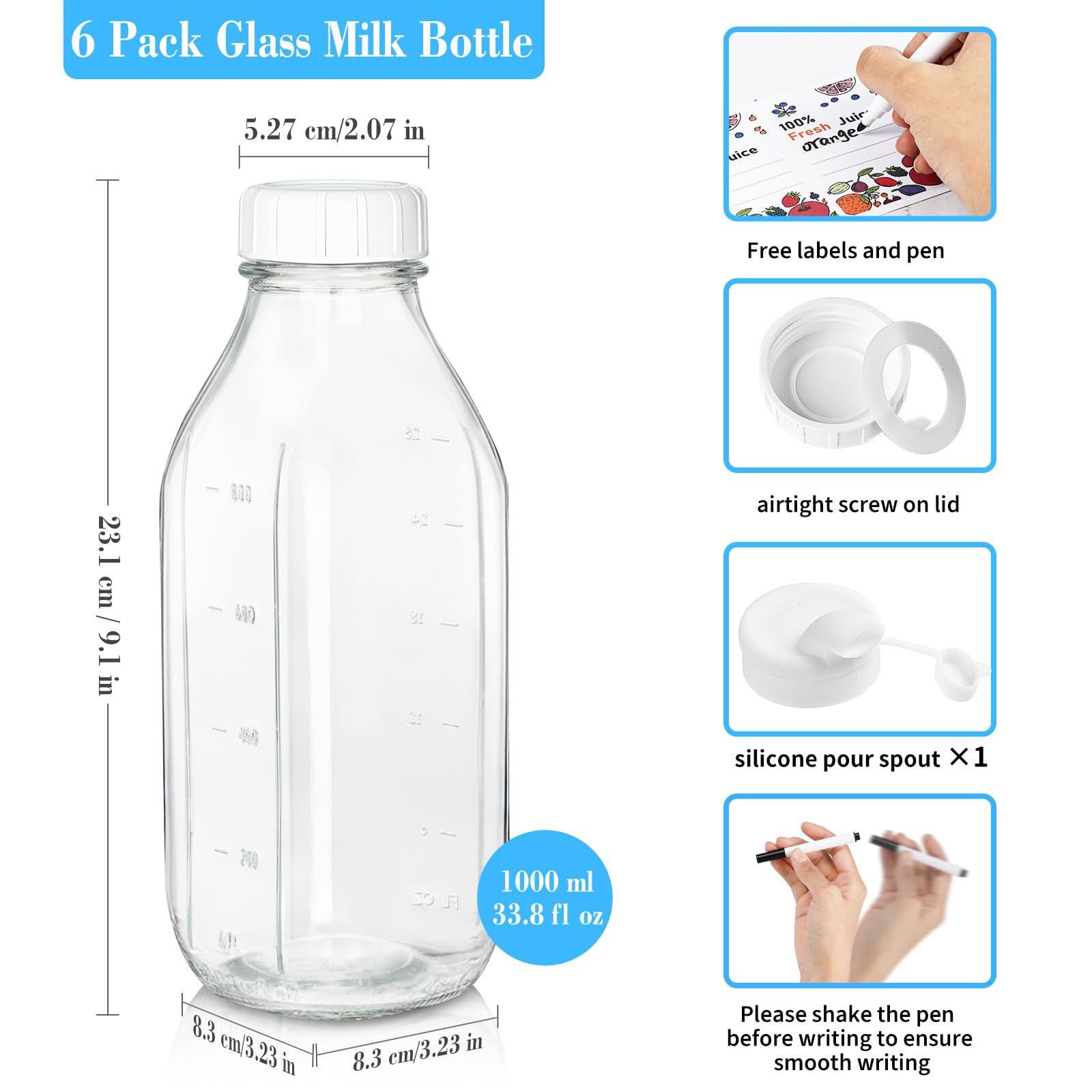 Liter Glass Milk Bottles w 100% Airtight Heavy Duty Screw Lid - 6 Pack 32 Oz Drinking Jars - Food Grade Glass Bottles for Milk, Honey, Jam - Dishwasher Safe(Extra 2 Lids and Stickers Included)