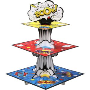 zopeal 3 tiers hero cupcake stand hero theme party supplies action hero cupcake holder hero themed treat stand cupcake tower for boys girls comic book birthday decorations