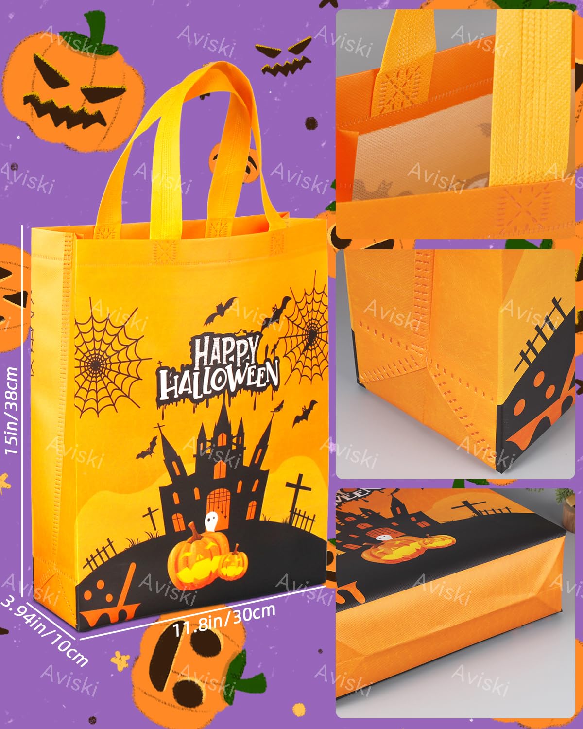 Aviski 8PCS Halloween Trick or Treat Bags, Halloween Tote Bags with Handles, Large Gift Bags, Multifunctional Non-Woven Halloween Bags for Gifts Wrapping, Halloween Party Supplies, 15×11.8×3.9“