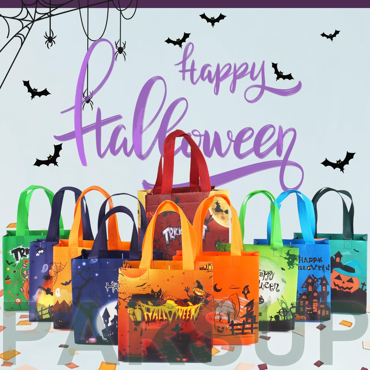 PARSUP 20PCS Halloween Trick or Treat Bags,Halloween Tote Bags with Handles, Gift Bags, Multifunctional Non-Woven Halloween Bags for Gifts Wrapping, Halloween Party Supplies, 7.9"×7.9"×3.15"