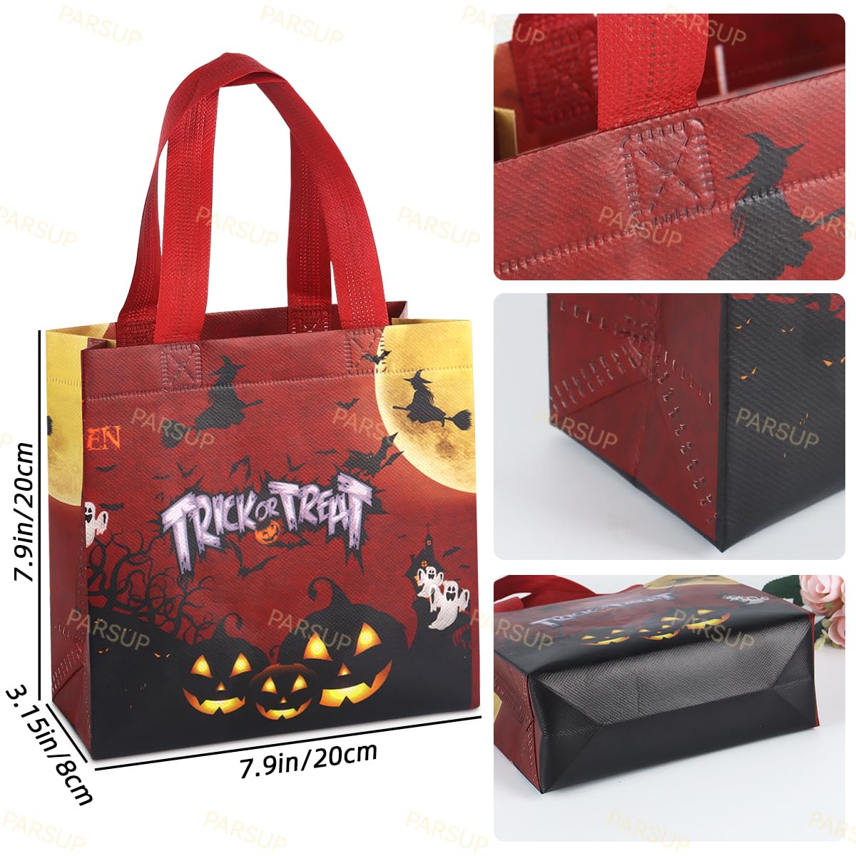 PARSUP 20PCS Halloween Trick or Treat Bags,Halloween Tote Bags with Handles, Gift Bags, Multifunctional Non-Woven Halloween Bags for Gifts Wrapping, Halloween Party Supplies, 7.9"×7.9"×3.15"