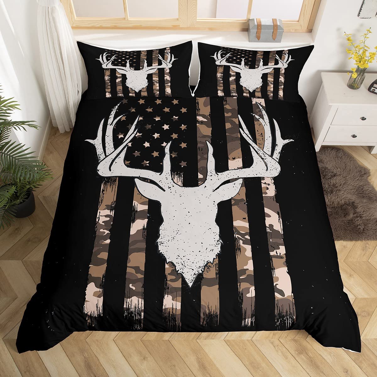 Erosebridal American Flag Bedding Set Full, Hunting Deer Theme Duvet Cover for Kids Boys Youth Adults, Geometric Camo Stripes Comforter Cover Bedroom Decor with 2 Pillowcases, Zipper Closure