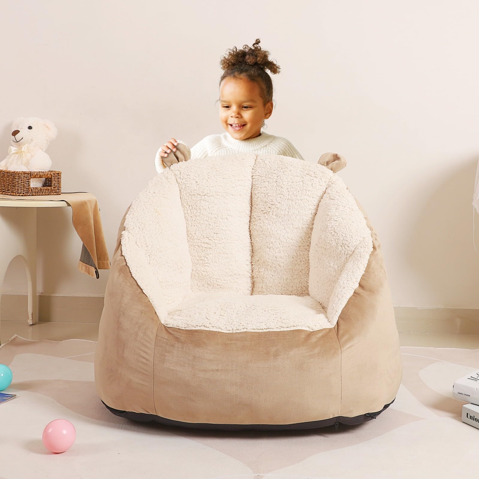 MOMCAYWEX Cute Soft Bean Bag Chair for Kids with Fluffy Bear Ears, Cozee Fluffy Lazy Chair for Up to 10 Years Old Girls and Boys